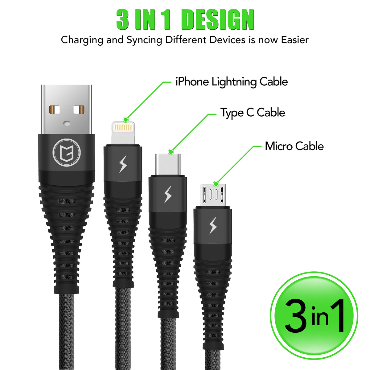 C3 3in1 Multi USB Charger Cable Universal Braided Cable 1.2 Metre ...